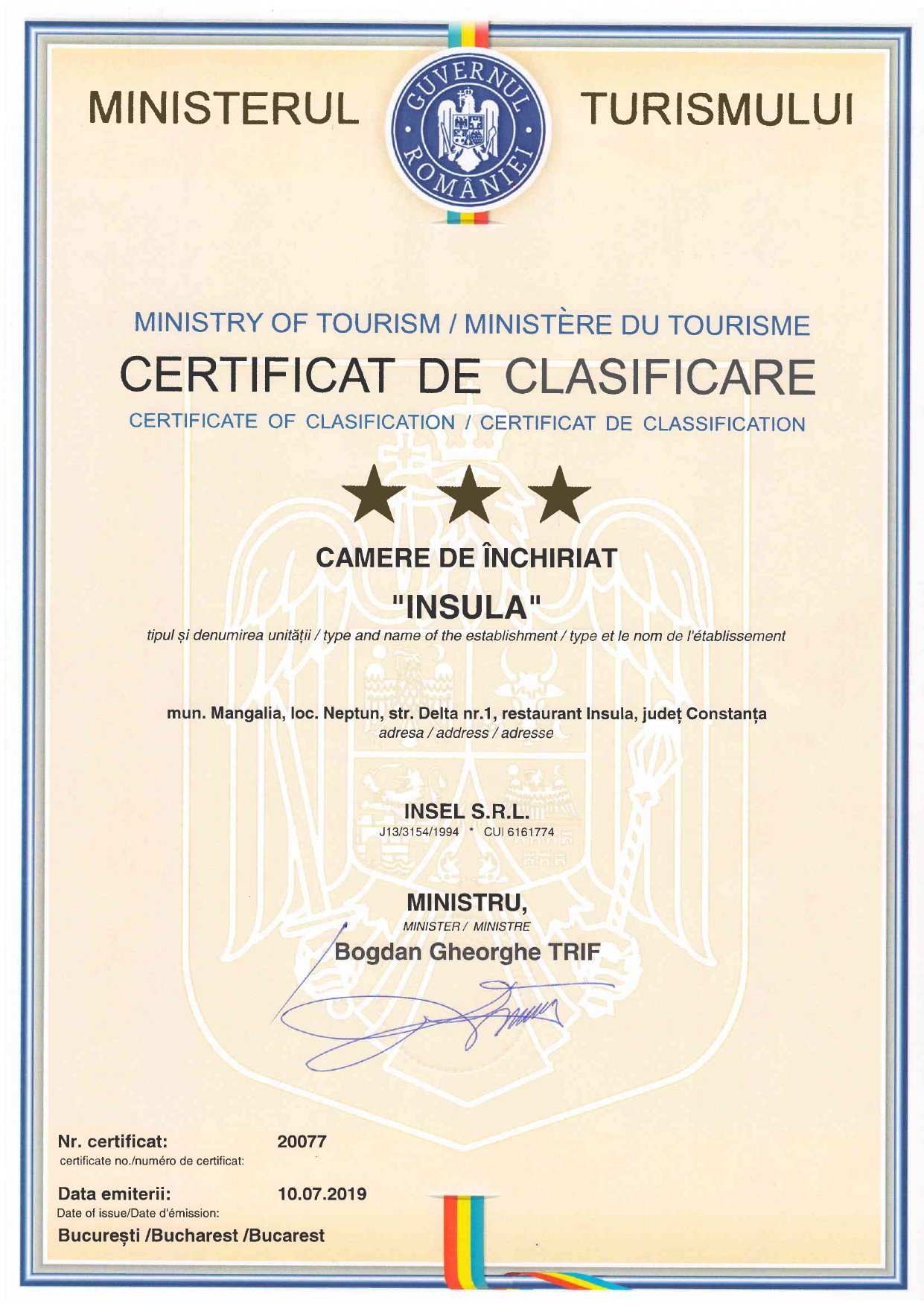 Certificate de clasificare - Insula Neptun - Hotel & Restaurant