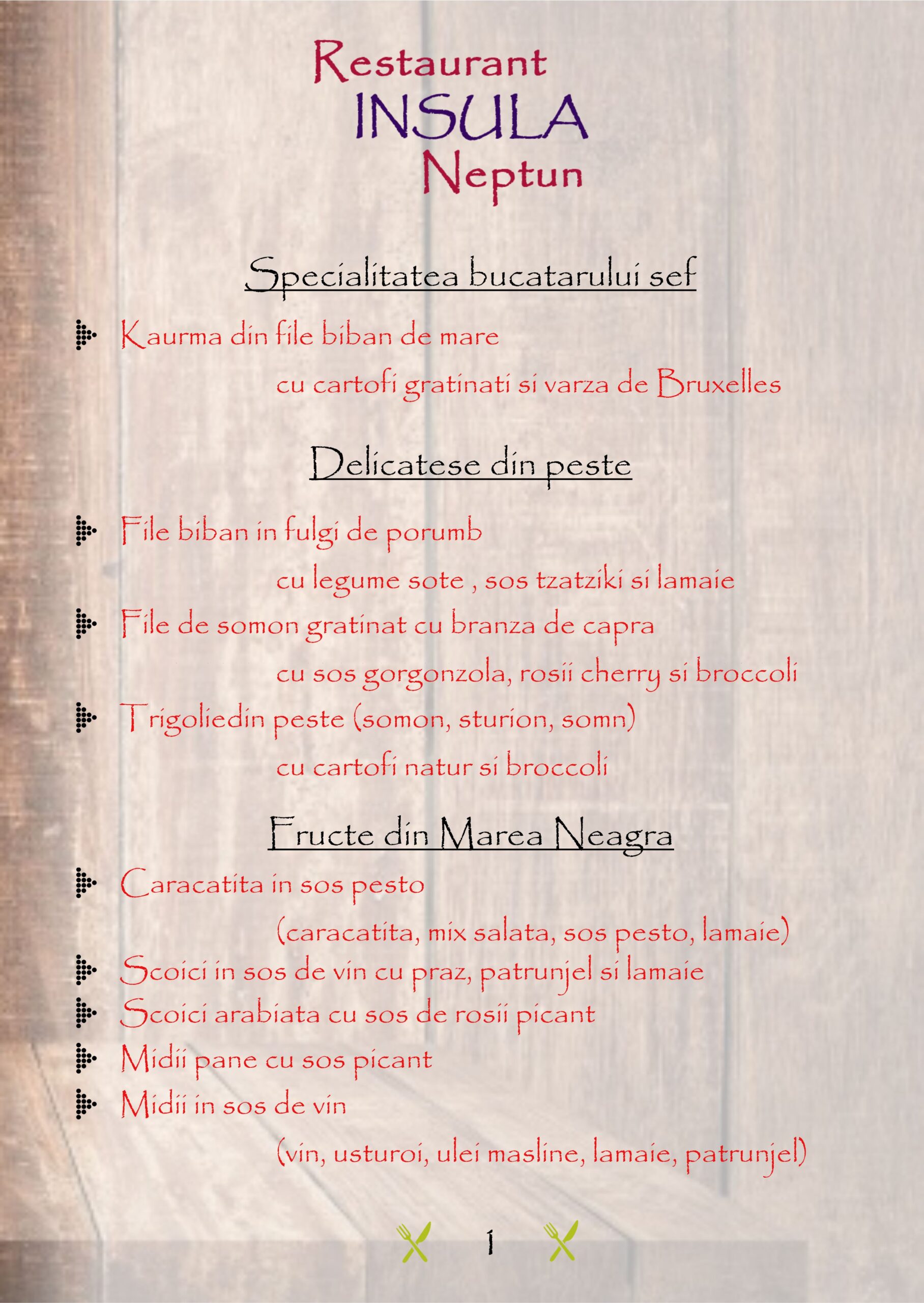 Meniu restaurant - Insula Neptun - Hotel & Restaurant