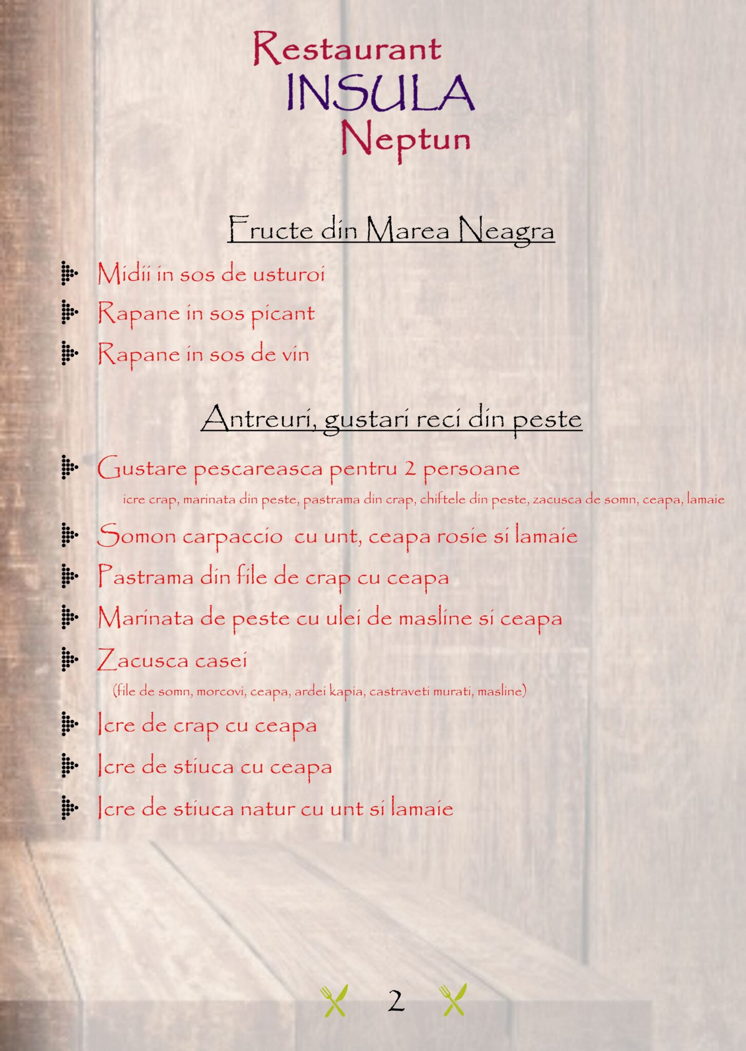 Meniu restaurant - Insula Neptun - Hotel & Restaurant