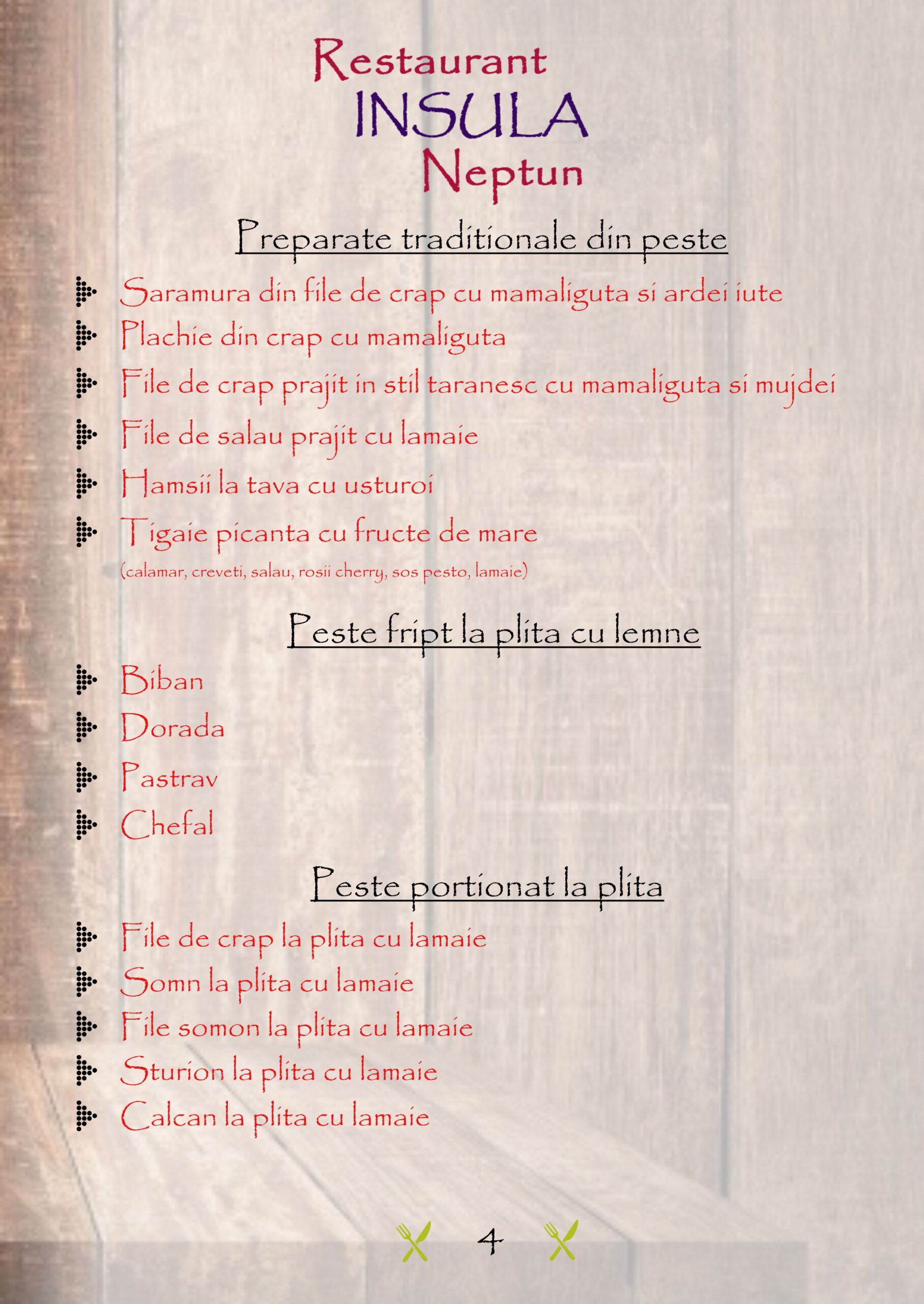 Meniu restaurant - Insula Neptun - Hotel & Restaurant