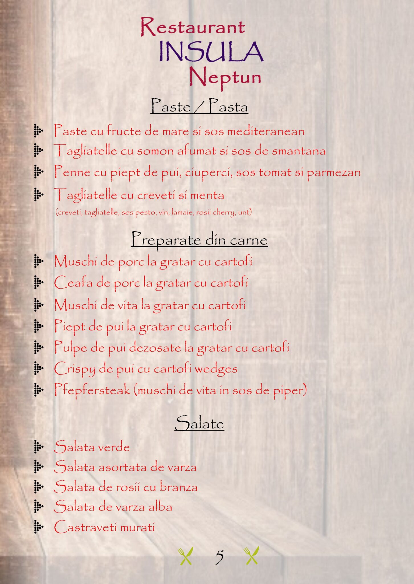 Meniu restaurant - Insula Neptun - Hotel & Restaurant